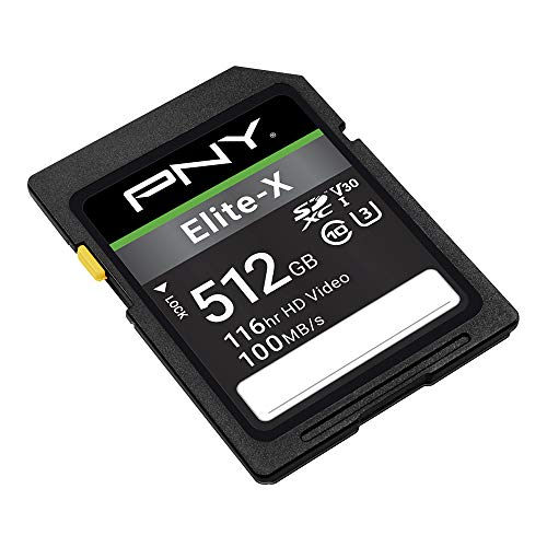 PNY 512GB Elite-X Class 10 U3 V30 SDXC Flash Memory Card - 100MB/s, Class 10, U3, V30, 4K UHD, Full HD, UHS-I, Full Size SD