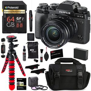 fujifilm x-t2 mirrorless digital camera 18-55mm f2.8-4.0 r lm ois lens, polaroid 64gb, filter kit, bag, tripod, spare battery and accessory bundle