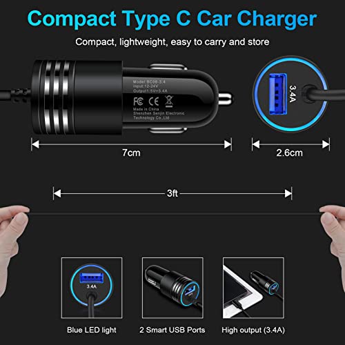 Android Car Charger Type C Samsung Car Charger Fast Charging for Samsung Galaxy A14/A04S/A53 5G/A13/A03S/S23/S23 Ultra/S23 Plus/S22/S21fe/S20/Z Flip4/Z Fold4/A12/A32, 3.4A Car Adapter+3ft USB C Cable