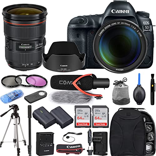 Camera Bundle for Canon EOS 5D Mark IV DSLR Camera w/ 24-70mm USM Lens + Pro Microphone, Backpack, 128GB Memory, Extra Battery + Professional Bundle