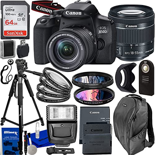 Ultimaxx Advanced Canon 850D/Rebel T8i with 18-135mm Lens Bundle - Includes: 64GB Memory Card + Digital Flash + 4PC Macro Close-Up Filter Kit + Wireless Shutter Release + Lightweight Tripod +Much More