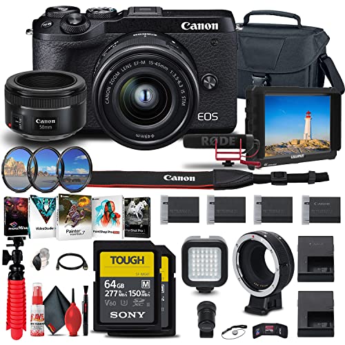 Canon EOS M6 Mark II Mirrorless Digital Camera with 15-45mm Lens and EVF-DC2 Viewfinder (Black) (3611C011) + Canon EF-M Lens Adapter + 4K Monitor + Canon EF 50mm Lens + Pro Mic + More (Renewed)