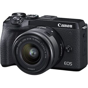 Canon EOS M6 Mark II Mirrorless Digital Camera with 15-45mm Lens and EVF-DC2 Viewfinder (Black) (3611C011) + Canon EF-M Lens Adapter + 4K Monitor + Canon EF 50mm Lens + Pro Mic + More (Renewed)