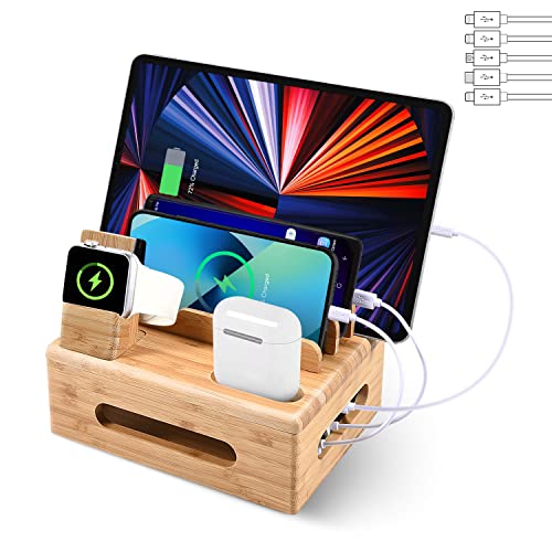 Bamboo Charging Dock for 4/5/6 Ports USB Charger, Desktop Docking Rack Organizer with 5 Charging Cables for Cell Phone,Tablet,Earbuds (No Power Supply)