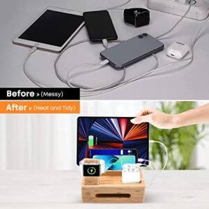 Bamboo Charging Dock for 4/5/6 Ports USB Charger, Desktop Docking Rack Organizer with 5 Charging Cables for Cell Phone,Tablet,Earbuds (No Power Supply)