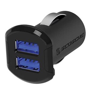 scosche usbc242m revolt universal cigarette lighter multi device compact dual port usb car charger, fast charge two devices simultaneously, black