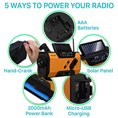 FosPower 2000mAh NOAA Emergency Weather Radio (Model A1) Portable Power Bank with Solar Charging, Hand Crank & Battery Operated, SOS Alarm, AM/FM & LED Flashlight for Outdoor Emergency