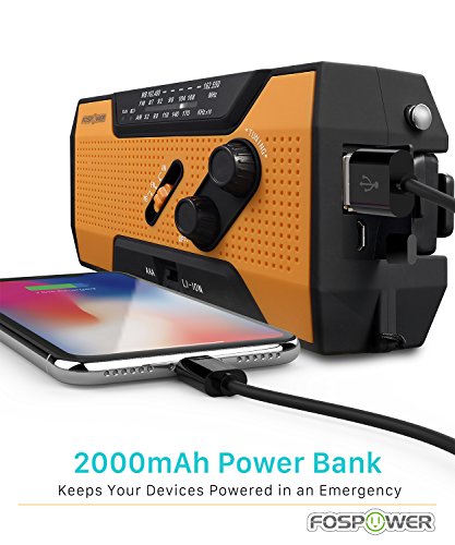 FosPower 2000mAh NOAA Emergency Weather Radio (Model A1) Portable Power Bank with Solar Charging, Hand Crank & Battery Operated, SOS Alarm, AM/FM & LED Flashlight for Outdoor Emergency