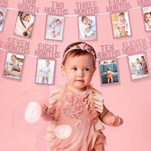 Whaline 1st Birthday Baby Photo Banner for Newborn to 12 Months, Monthly Milestone Photograph Bunting Garland, First Birthday Celebration Decoration (Rose Gold)