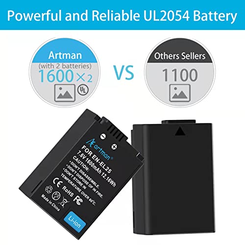 Artman EN-EL25 EN-EL25A Battery 2-Pack and LCD USB Dual Charger for Nikon Z50, Z FC, Z 50 Digital Cameras, Compatible with Nikon EN-EL25 ENEL25 EN-EL25a 4241 Battery, Nikon MH-32 Charger (1600mAh)