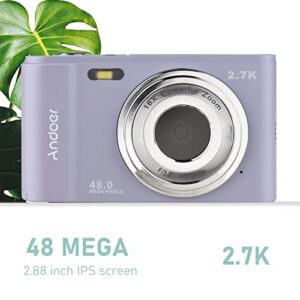 Andoer Portable Digital Camera 48MP 2.7K 2.88-inch IPS Screen 16X Zoom Auto Focus Self-Timer 128GB Extended Memory Face Detection Anti-Shaking with 2pcs Batteries Hand Strap Carry Pouch