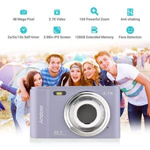 Andoer Portable Digital Camera 48MP 2.7K 2.88-inch IPS Screen 16X Zoom Auto Focus Self-Timer 128GB Extended Memory Face Detection Anti-Shaking with 2pcs Batteries Hand Strap Carry Pouch