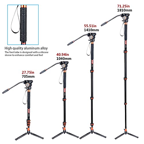 Cayer FP34 Monopod with Feet, 71 inch Aluminum Telescopic Camera Monopod with Fluid Head and 3-Leg Tripod Base for DSLR Video Cameras Camcorders, Supporting up to 13.2lbs