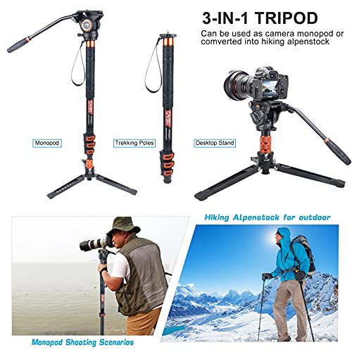 Cayer FP34 Monopod with Feet, 71 inch Aluminum Telescopic Camera Monopod with Fluid Head and 3-Leg Tripod Base for DSLR Video Cameras Camcorders, Supporting up to 13.2lbs