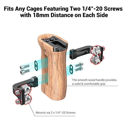 SMALLRIG Side Wooden Handle Grip for DSLR Camera Cage w/ Cold Shoe Mount, Threaded Holes, Direction Changeable - 2093