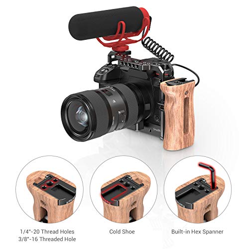 SMALLRIG Side Wooden Handle Grip for DSLR Camera Cage w/ Cold Shoe Mount, Threaded Holes, Direction Changeable - 2093