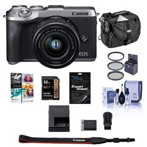 canon eos m6 mark ii mirrorless camera with ef-m 15-45mm is stm lens + evf-dc2 viewfinder, silver – bundle w/ 32gb sdhc card, 49mm filter kit, camera case, cleaning kit, screen protector, pc software