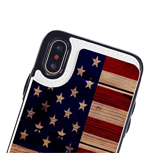 Wood Texture Flag USA Wallet Phone Cases Fashion Leather Design Protective Shell Shockproof Cover Compatible with iPhone X/XS