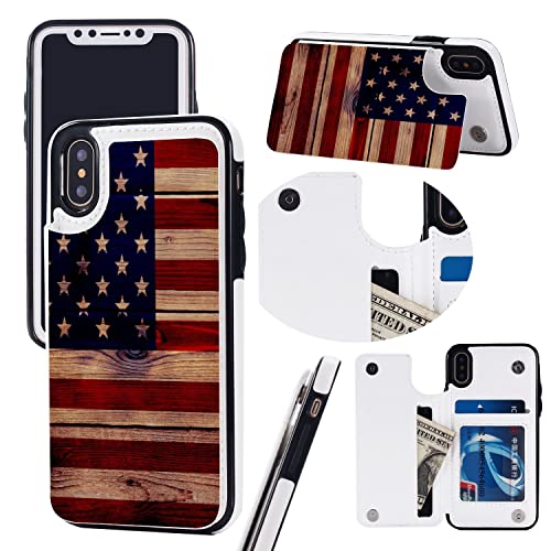 Wood Texture Flag USA Wallet Phone Cases Fashion Leather Design Protective Shell Shockproof Cover Compatible with iPhone X/XS