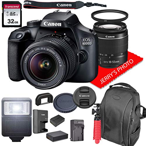 Canon EOS 4000D DSLR Camera w/ 18-55mm F/3.5-5.6 Zoom Lens + Backpack Case + 32GB SD Card (16pc Bundle) (Renewed)