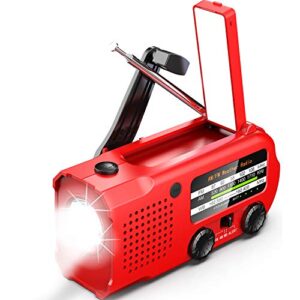 ironsnow 5000mah auto alert emergency weather radio, solar hand crank portable noaa am/fm radio with headphone jack power bank usb phone charger, sos alarm flashlight, reading light for camping hiking