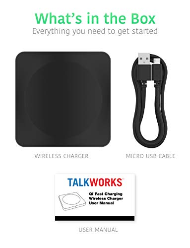 TALK WORKS Wireless Charger Fast 10W Qi Certified Wireless Charging Pad (No Wall Adapter) for Apple iPhone 13, 12, 11, XR, XS, X, 8, Android for Samsung Galaxy S21, S20, S10, S9, S8 - Black,04857