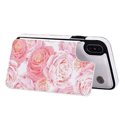 Elegance Color Pink Roses Wallet Phone Cases Fashion Leather Design Protective Shell Shockproof Cover Compatible with iPhone X/XS