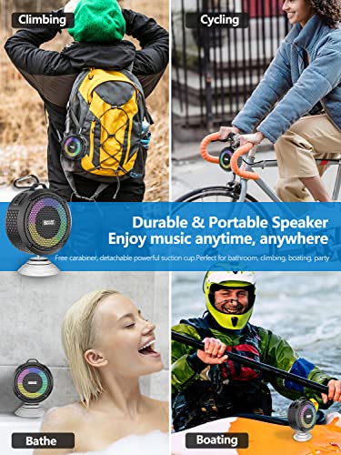 PEYOU IPX7 Waterproof Speaker, Bluetooth Shower Speaker 5.0 Waterproof with Suction Cup, Playtime RGB Lights, 360° Surround Sound Rich Bass for Outdoors, Mini Speaker for Beach/Hiking/Travel/Pool