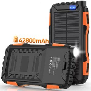 Solar Power Bank,Solar Charger,42800mAh Power Bank,Portable Charger,External Battery Pack 5V3.1A Qc 3.0 Fast Charging Built-in Super Bright Flashlight (Orange)