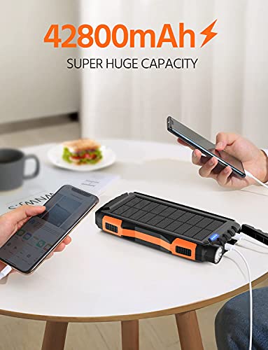 Solar Power Bank,Solar Charger,42800mAh Power Bank,Portable Charger,External Battery Pack 5V3.1A Qc 3.0 Fast Charging Built-in Super Bright Flashlight (Orange)