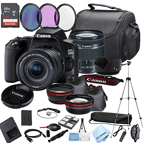 Al's Variety- Canon EOS 250D (Rebel SL3) DSLR Camera with 18-55mm f/4-5.6 is STM Zoom Lens + 64GB Memory + Lenses, Filters, Case,Tripod, and More(30pc Bundle) (Renewed)