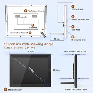 FULLJA WiFi Large Digital Photo Frame 15 inch - Smart Digital Picture Frame, 32GB, Motion Sensor, Full Function, Share Photos and Videos via App or Email, Unlimited Cloud Storage, Wall Mountable