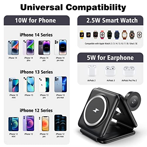 Magnetic Wireless Charger for iPhone: Fodable 3 in 1 Charging Station for Multiple Apple Devices - Travel Charging Pad Dock for Apple Watch iPhone 14 13 12 Pro Max Plus & Airpod