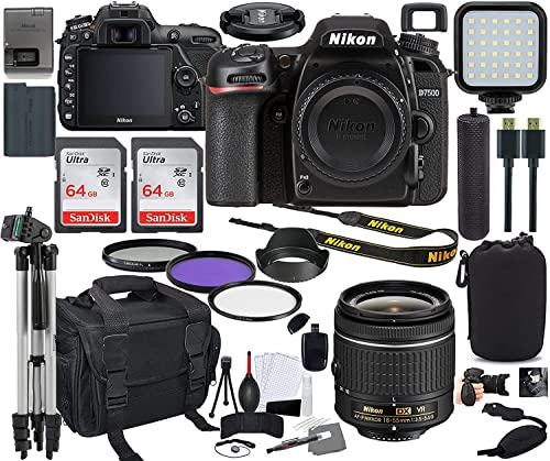 Nikon D7500 DSLR Camera with 18-55mm Lens Bundle + Prime Accessory Kit Including 128GB Memory, Light, Camera Case, Hand Grip & More (Renewed)