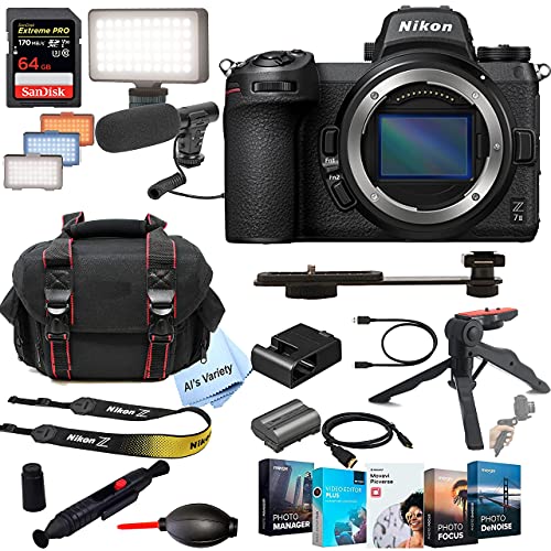 Al Variety-Nikon Intl. Nikon Z7II Mirrorless Digital Camera 45.7MP Body (No Lens)+Shot-Gun Microphone + LED Always on Light+ 64GB Speed Card, Gripod, Case, and More (26pc Video Bundle) (Renewed)