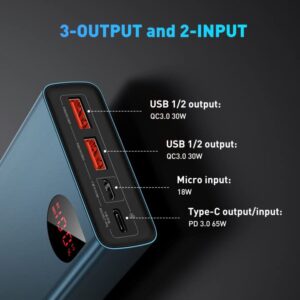 Baseus Power Bank, 65W 20000mAh Laptop Portable Charger, Fast Charging USB C 4-Port PD3.0 Battery Pack for MacBook Dell XPS IPad iPhone 14/13/12 Pro Mini Samsung Switch