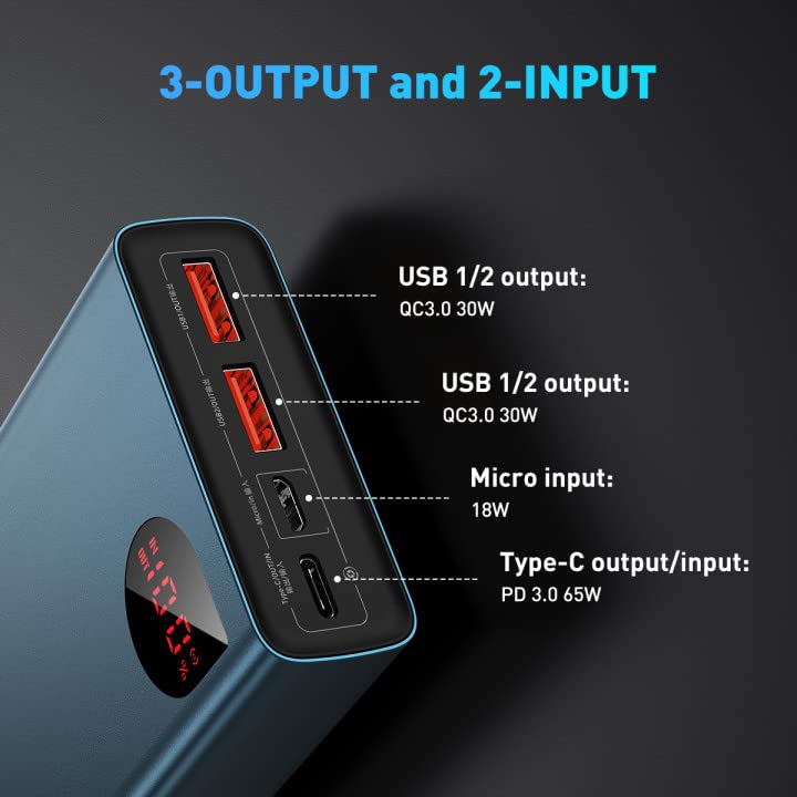 Baseus Power Bank, 65W 20000mAh Laptop Portable Charger, Fast Charging USB C 4-Port PD3.0 Battery Pack for MacBook Dell XPS IPad iPhone 14/13/12 Pro Mini Samsung Switch