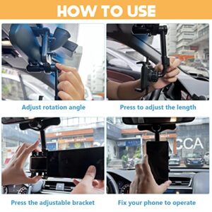 Rearview Mirror Phone Holder for Car, Rotatable and Retractable Car Phone Holder Mount 360° Adjustable Pro Clip On Car Rear View Mirror Phone Holder Universal 3-7” Mobile Phone Holder Cradle for Car