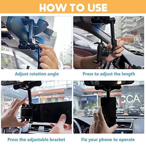 Rearview Mirror Phone Holder for Car, Rotatable and Retractable Car Phone Holder Mount 360° Adjustable Pro Clip On Car Rear View Mirror Phone Holder Universal 3-7” Mobile Phone Holder Cradle for Car