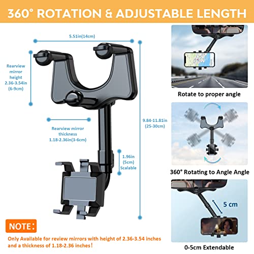 Rearview Mirror Phone Holder for Car, Rotatable and Retractable Car Phone Holder Mount 360° Adjustable Pro Clip On Car Rear View Mirror Phone Holder Universal 3-7” Mobile Phone Holder Cradle for Car