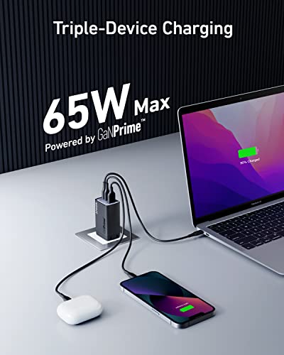 Anker USB C Charger, Anker 735 Charger GaNPrime 65W, PPS 3-Port Fast Compact Foldable Wall Charger for MacBook Pro/Air, iPad Pro, Galaxy S22/S21, HP Spectre, Note20/10+, iPhone 13/Pro, Pixel, and More