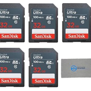 SanDisk 32GB Ultra SD Memory Card (5 Pack) SDHC UHS-I Card Class 10 (SDSDUNR-032G-GN3IN) Bundle with 1 Everything But Stromboli Microfiber Cloth