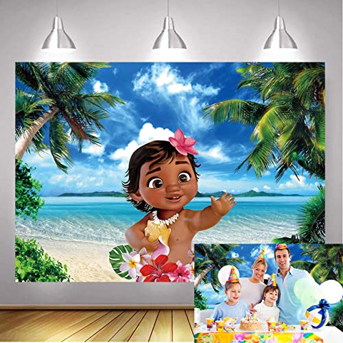 Baby Moana Backdrop Green Coco Tree Leaves Blue Ocean Photo Background Moana Themed Photography Backdrop7x5FT (7x5FT)