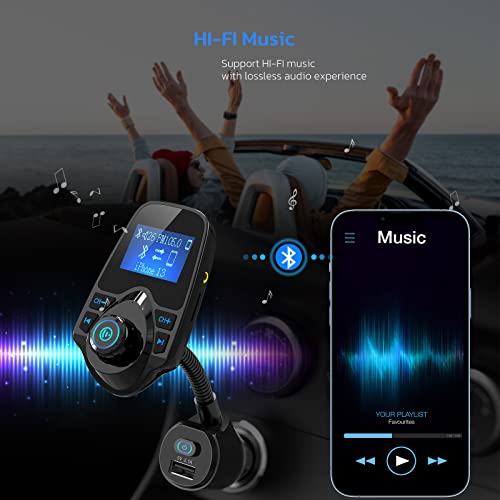 Nulaxy Bluetooth FM Transmitter for Car, Upgraded Manual Power On/Off Switch Wireless Car Radio Bluetooth Adapter Supports Hands free Calls, USB Fast Charging, microSD Card, Aux Play - KM18 Plus Black