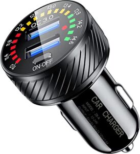 kewig car charger, 36w fast car charger adapter, dual usb car charger fast charge with colorful voltmeter & on/off switch