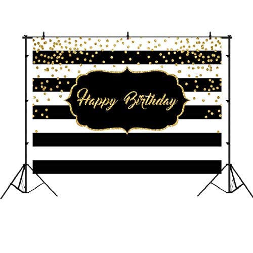 Black and White Stripes Happy Birthday Backdrop Gold Shining Dots Birthday Party Photography Background for Adults Sweet Birthday Party Photo Banner Props 7x5ft