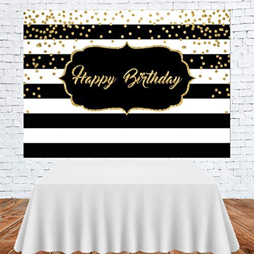 Black and White Stripes Happy Birthday Backdrop Gold Shining Dots Birthday Party Photography Background for Adults Sweet Birthday Party Photo Banner Props 7x5ft