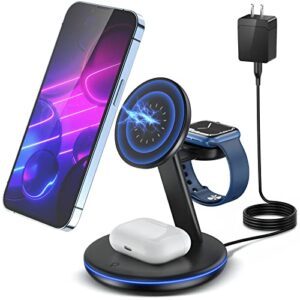 magnetic wireless charging station for apple series, 3-in-1 standard 15w fast mag-safe charger stand with qc3.0 adapter, for iphone 14,13,12 pro max/pro/mini/plus, iwatch ultra/8/7/6/5/4/3/2, airpods…