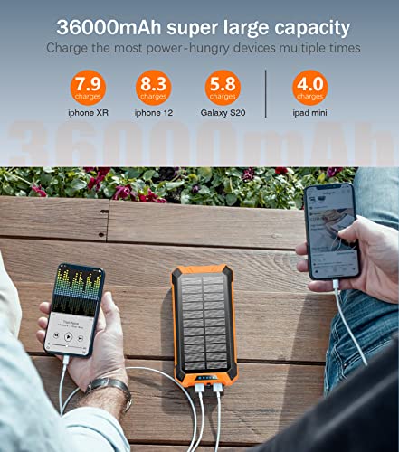 GOODaaa Power Bank Wireless Charger 36000mAh Built in 4 Cables and Dual Flashlights 15W Fast Charging Power Bank Six Outputs Three Inputs Solar Portable Charger Compatible with All Mobile Devices