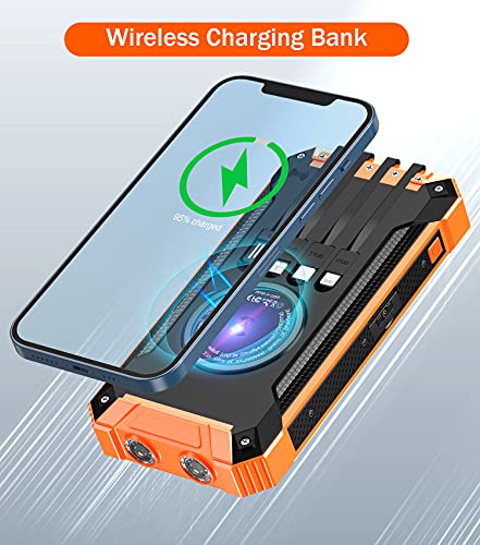 GOODaaa Power Bank Wireless Charger 36000mAh Built in 4 Cables and Dual Flashlights 15W Fast Charging Power Bank Six Outputs Three Inputs Solar Portable Charger Compatible with All Mobile Devices